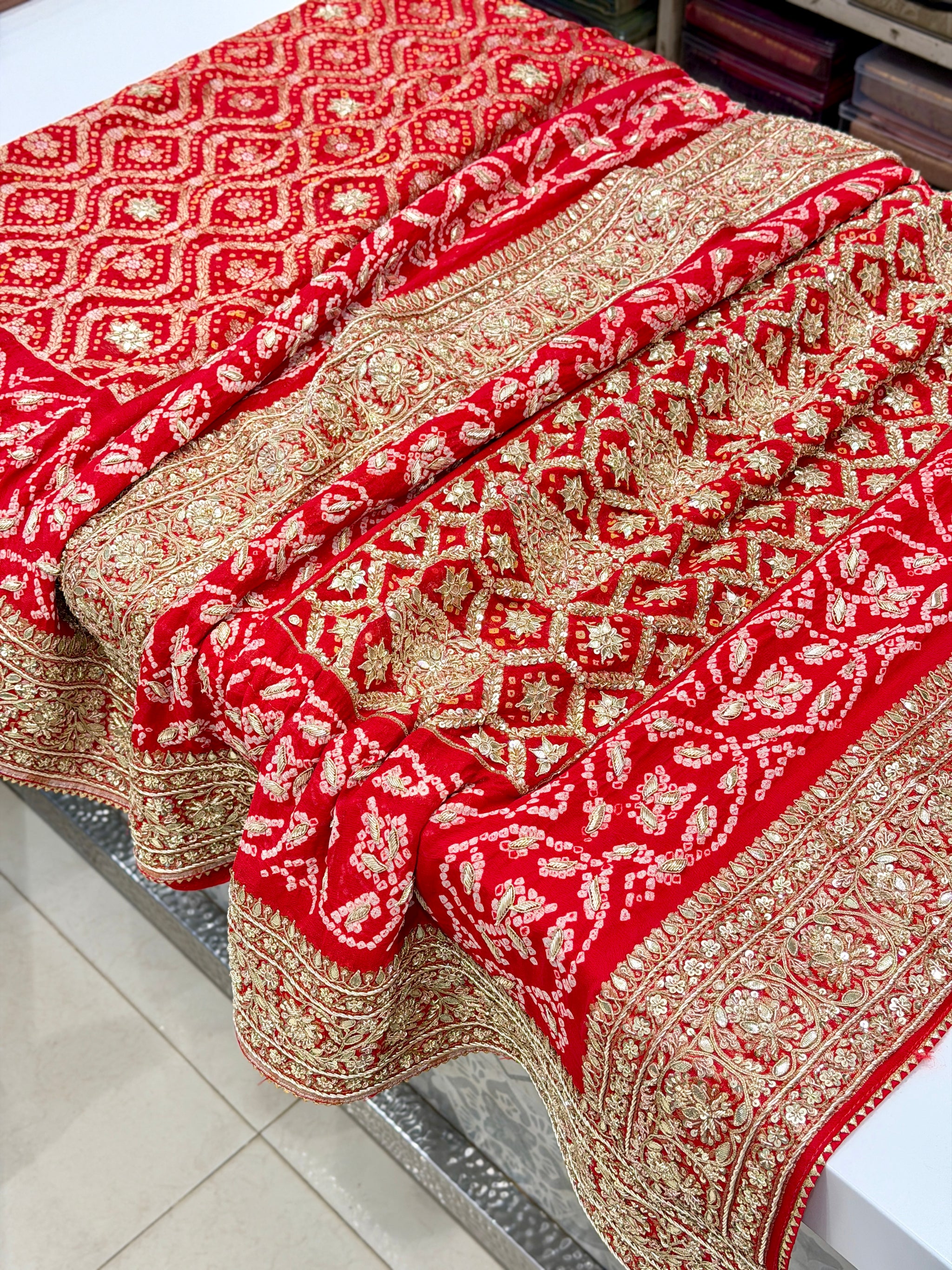 Red Bandhej Georgette Marodi Zardosi Gota Hand Embroidery Saree