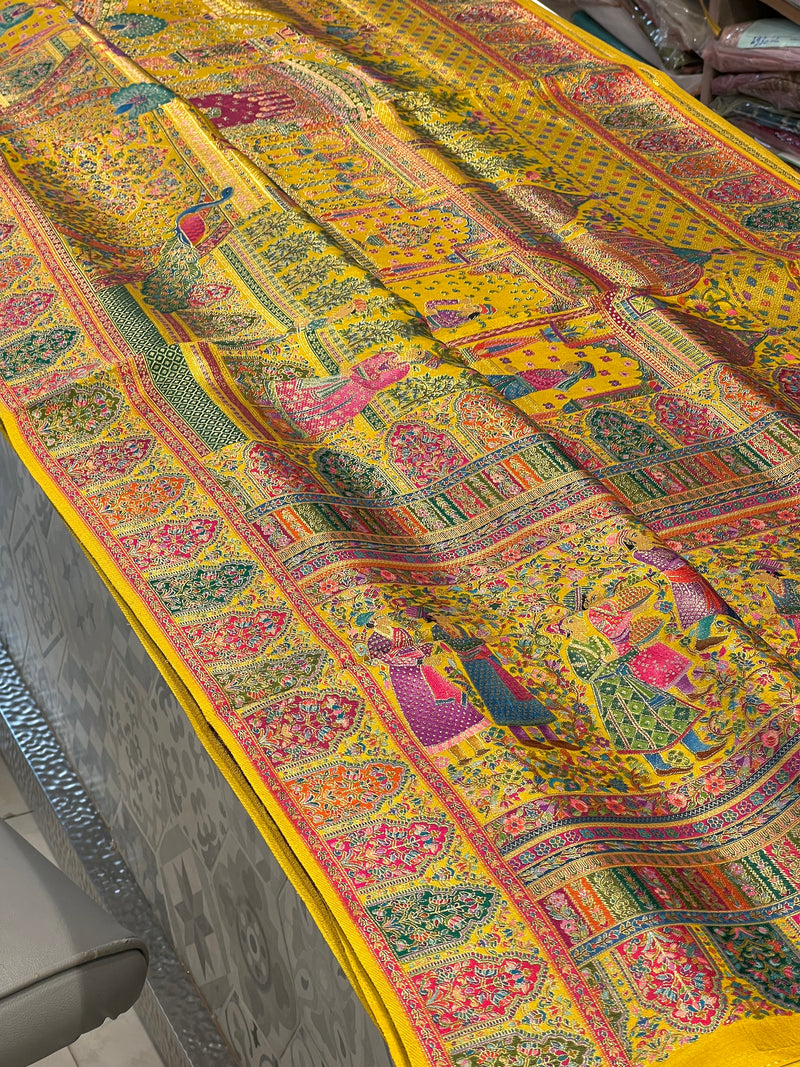 Yellow Pashmina Style Darbar Silk Saree