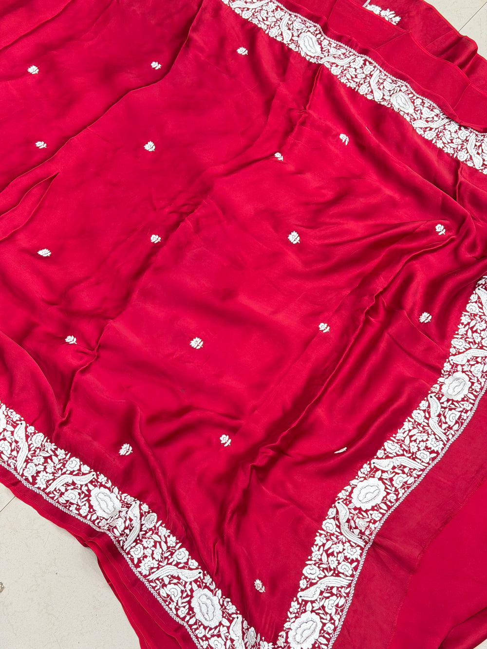 Red Parsi Gara Hand Embroidery Border Saree