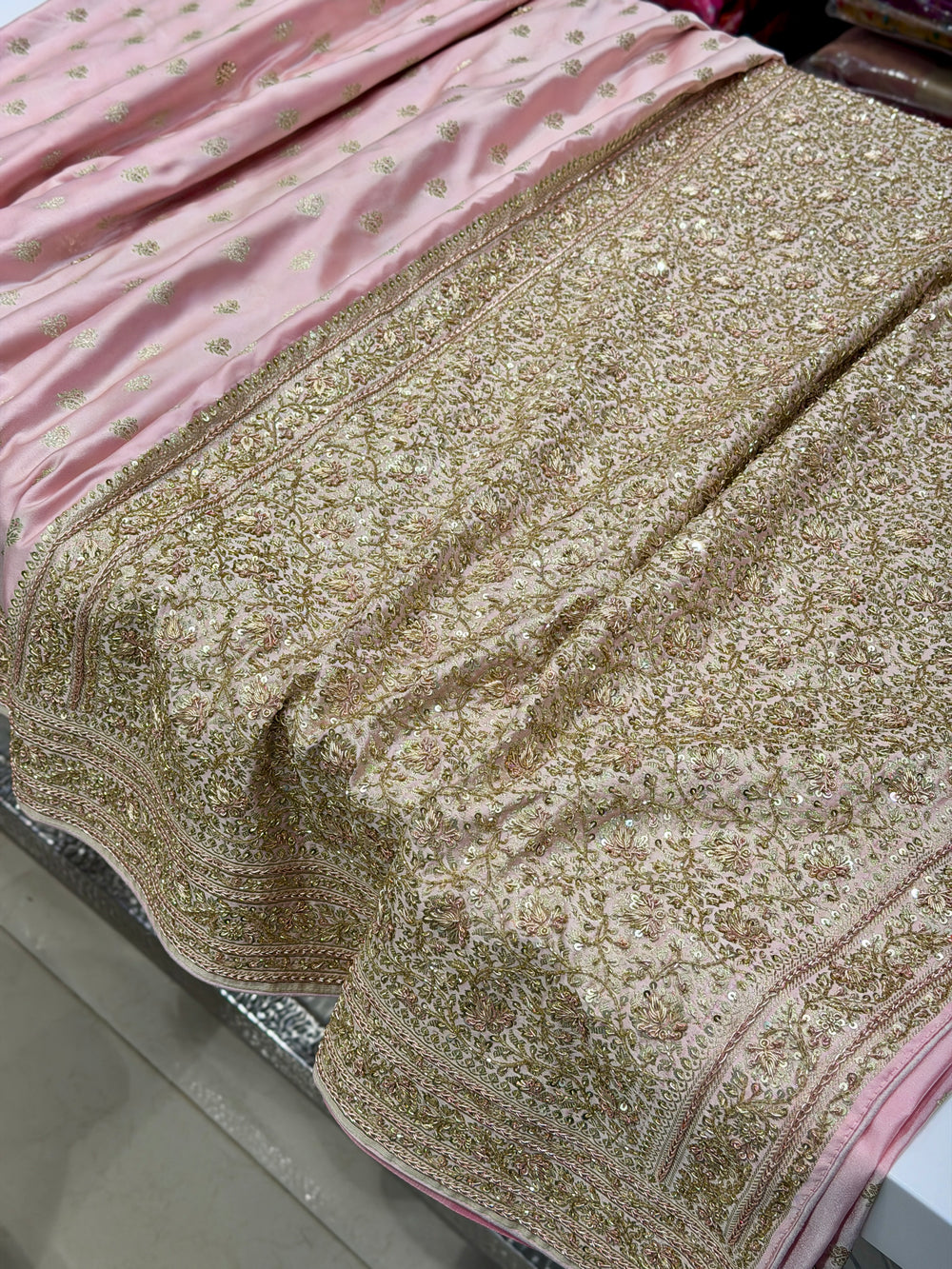 Pink Banarasi Buttis Zardosi Chain Hand Embroidery Saree