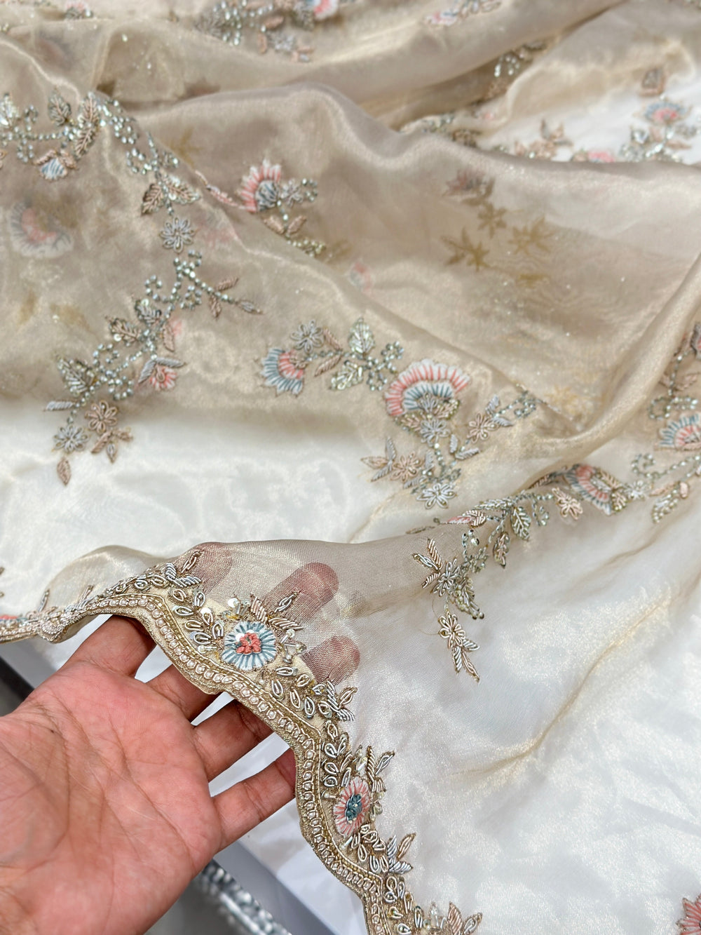 Light Gold Tissue Zardosi Resham Knot Hand Embroidery Saree