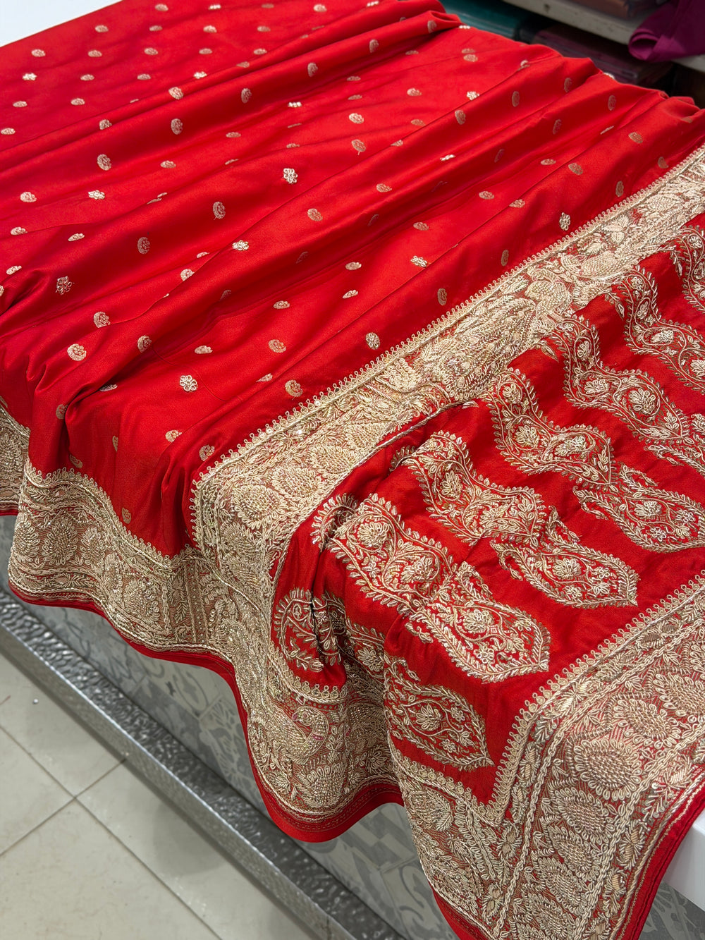 Red Chand Butti Zardosi Hand Embroidery Saree