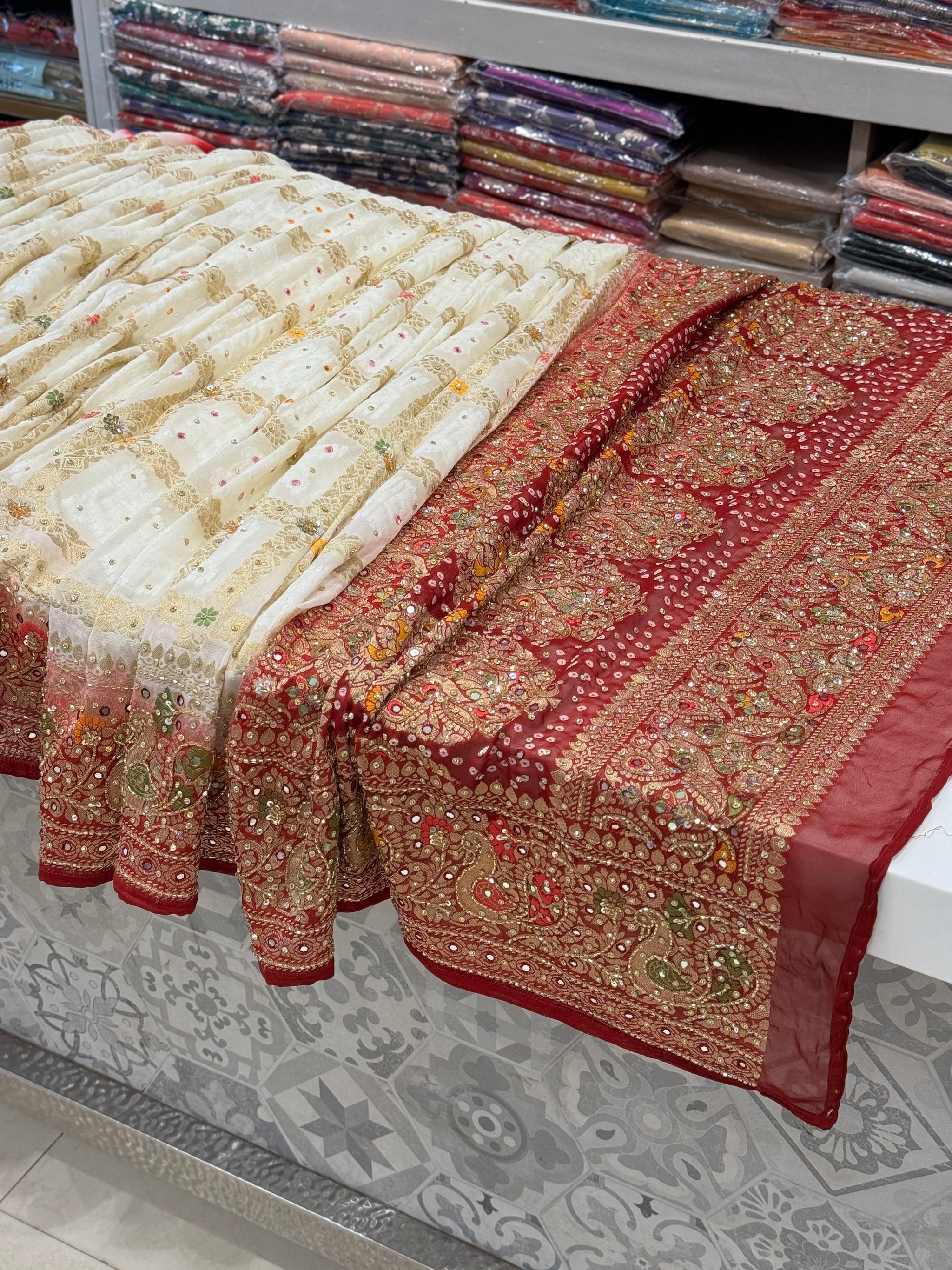 Beige Red Gharchola Hand Embroidery Saree