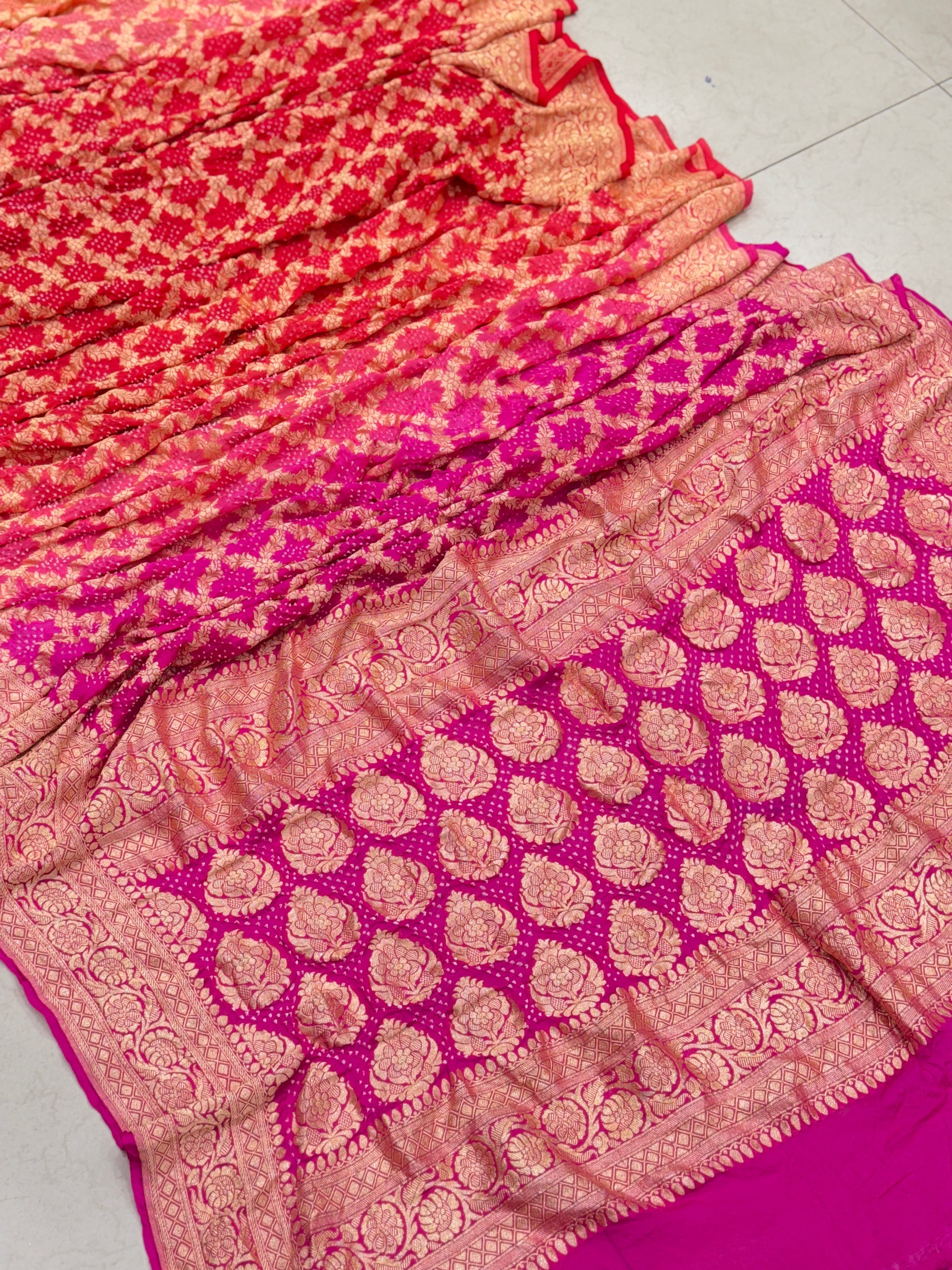 Shaded Rani Six Colour Bandhej Bandhini Saree