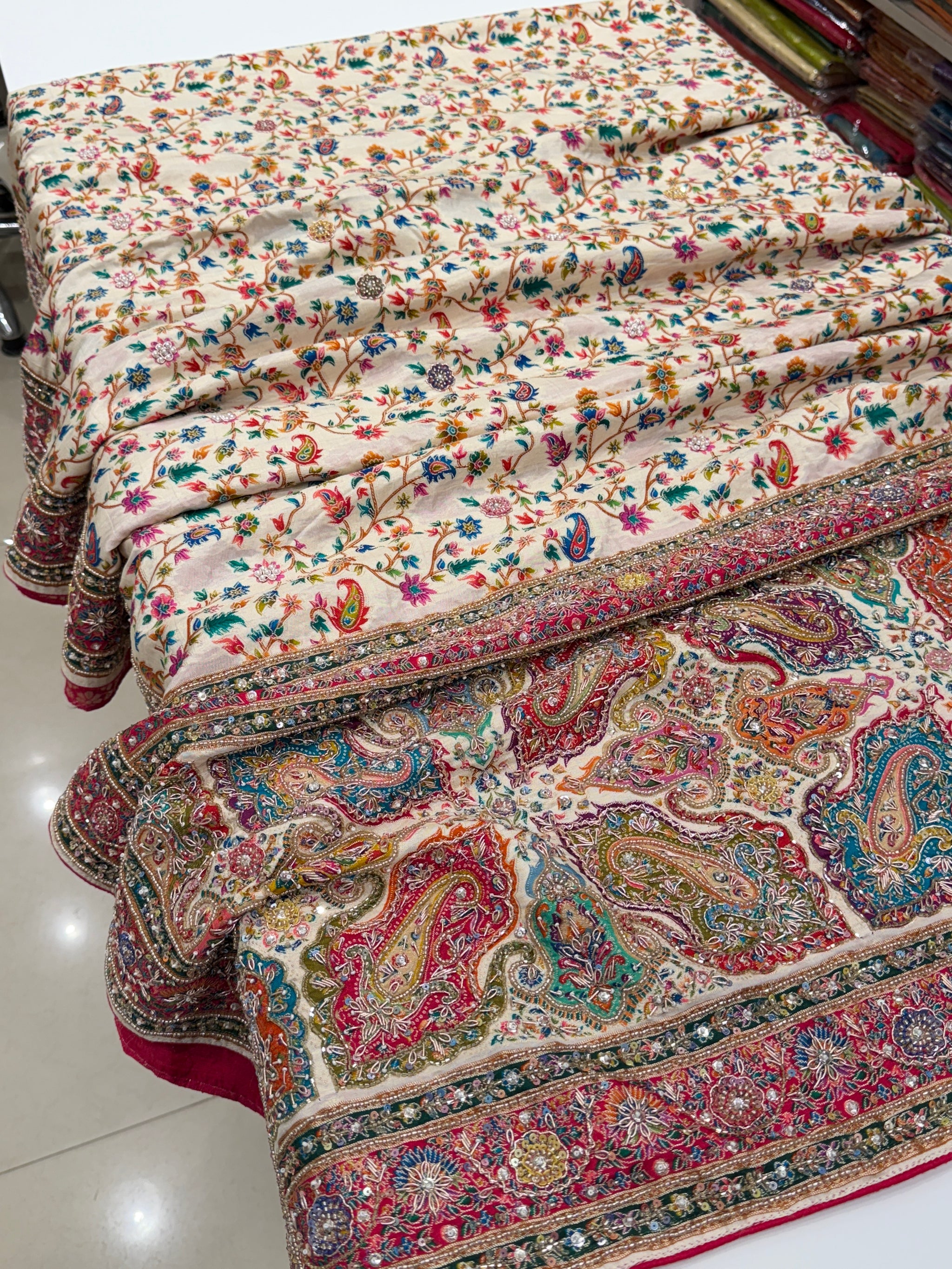 Moti White Munga Pashmina Style Hand Embroidery Saree