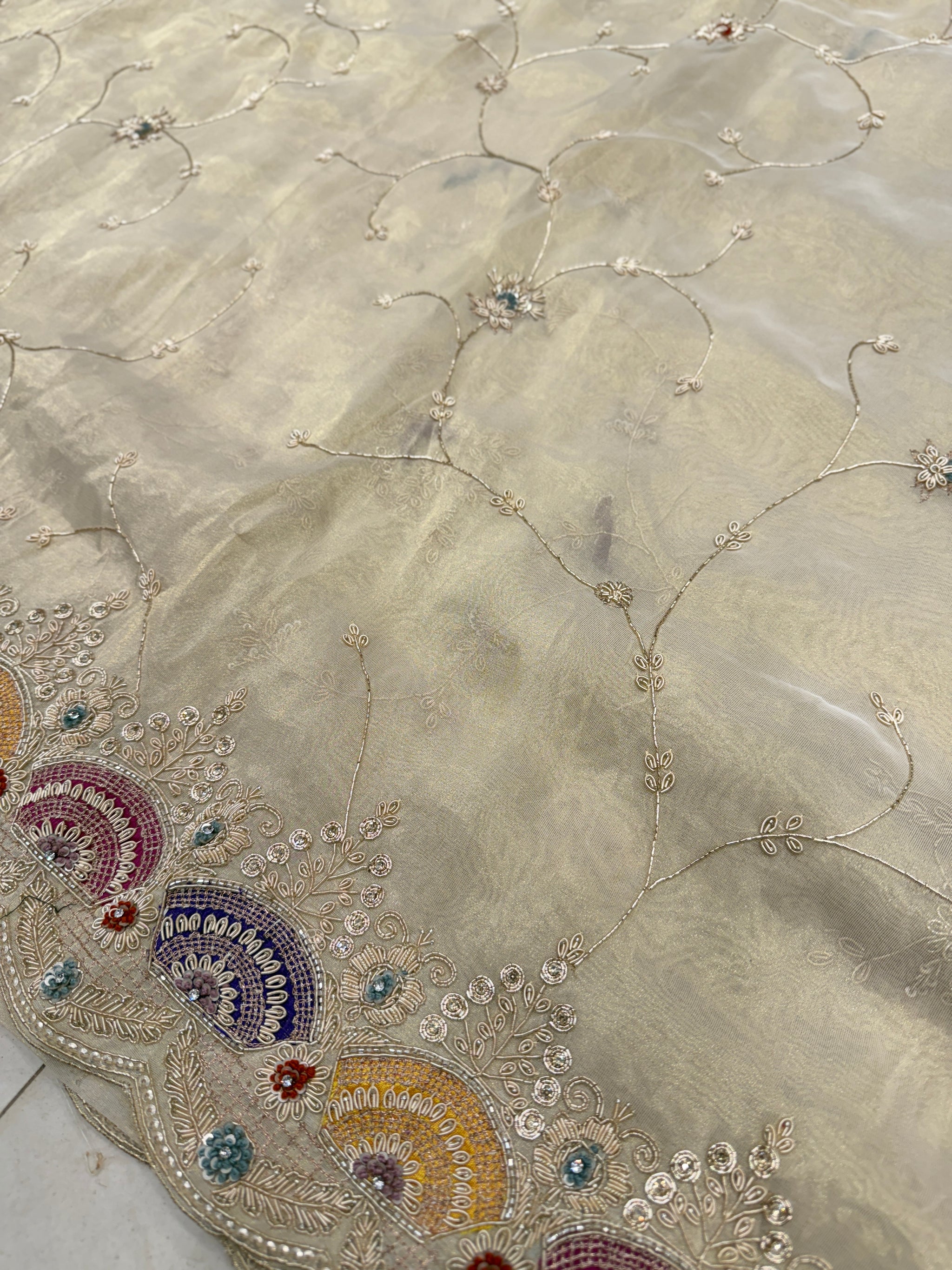Golden Tissue Zardosi Patch Work Hand Embroidery Saree