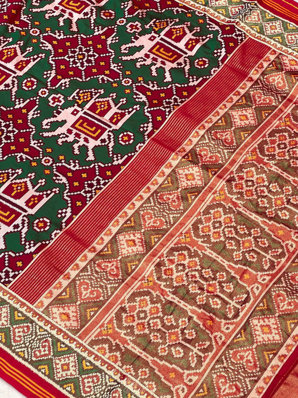 Maroon Green Chabdi Elephant Semi Silk Weaved Patan Patola Saree