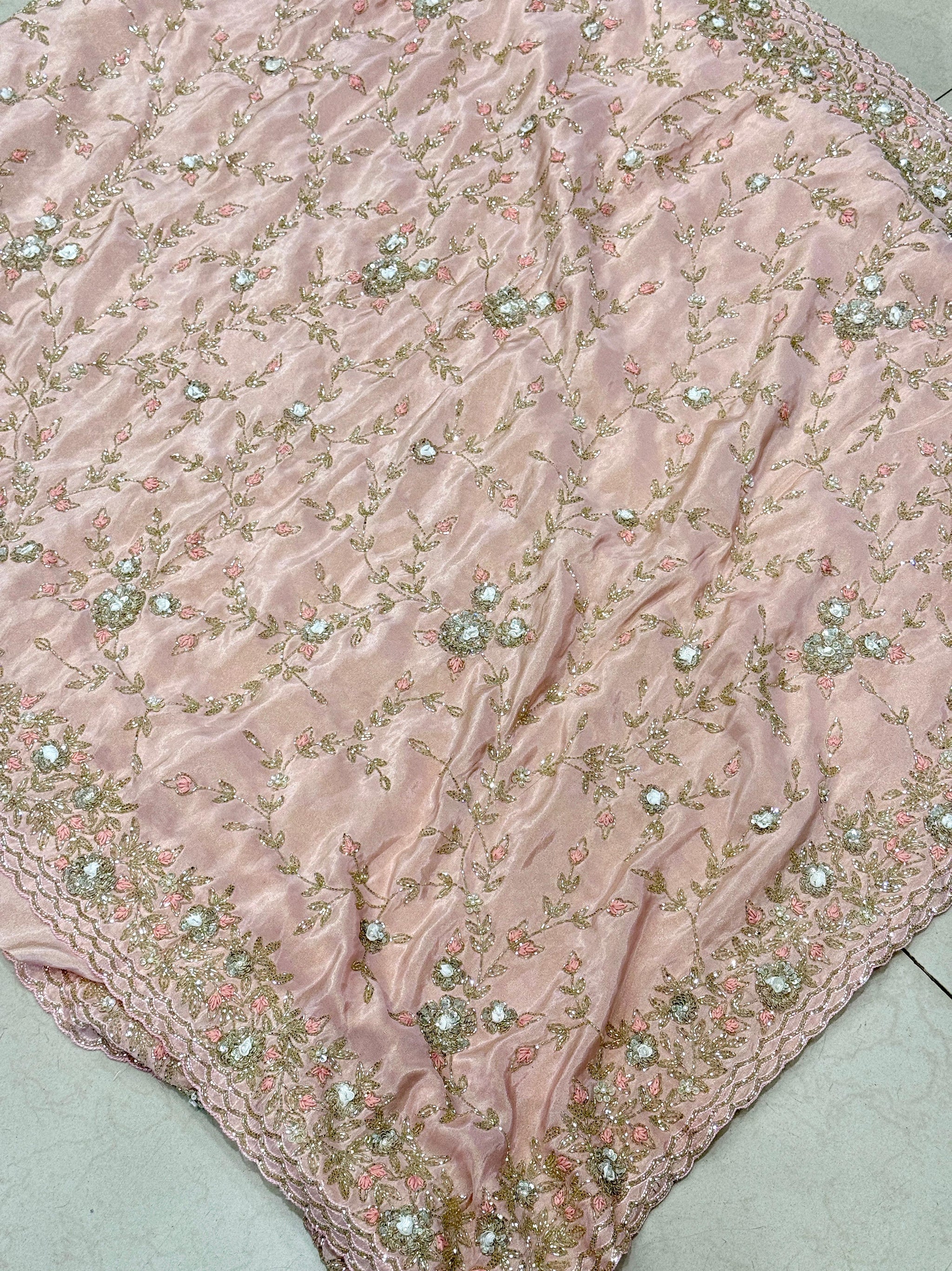 Pink Crepe Tissue Knot Ribbon Embroidery Saree