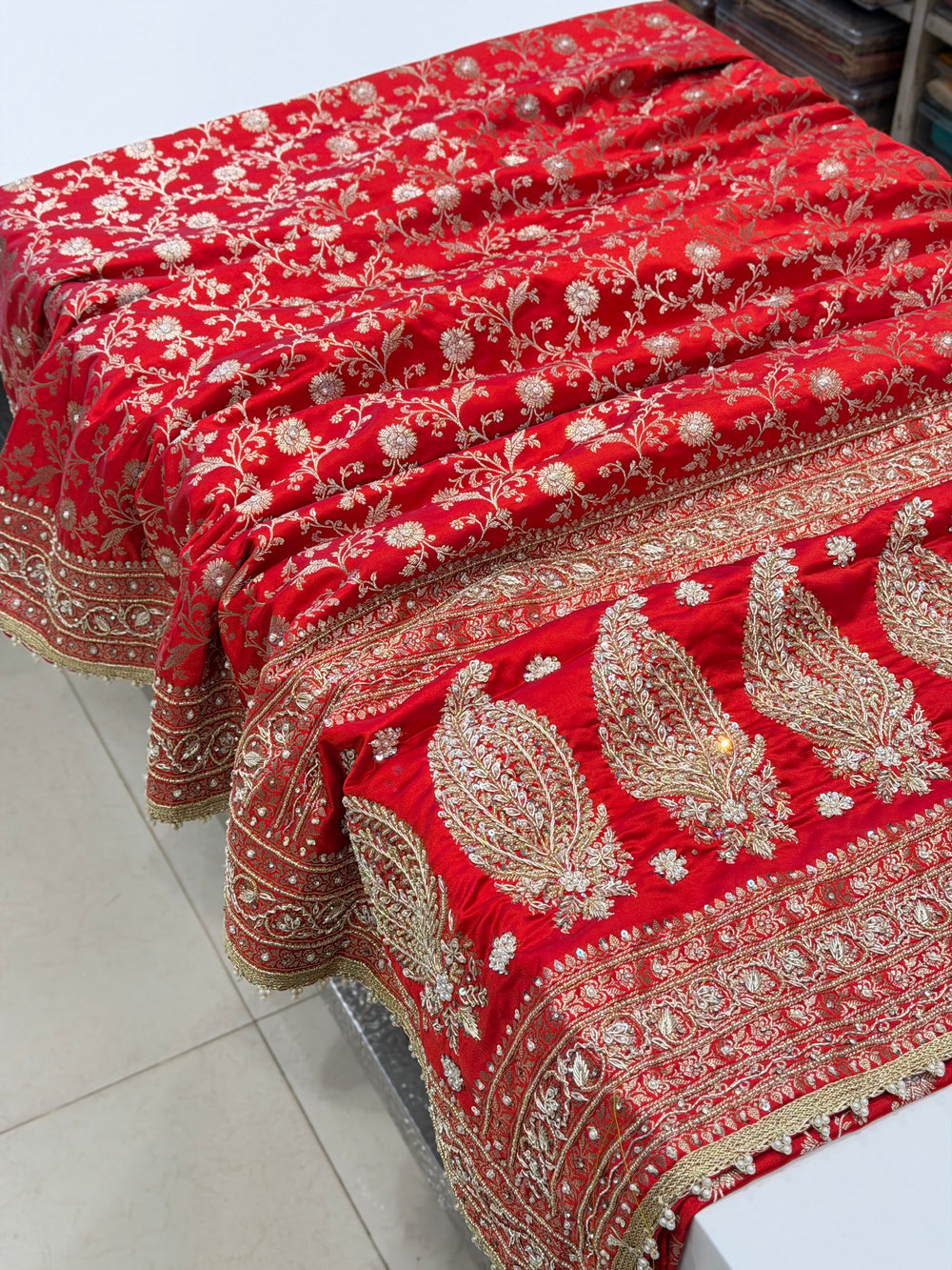 Red Banarasi Sona Roopa Jaal Zardosi Hand Embroidery Saree