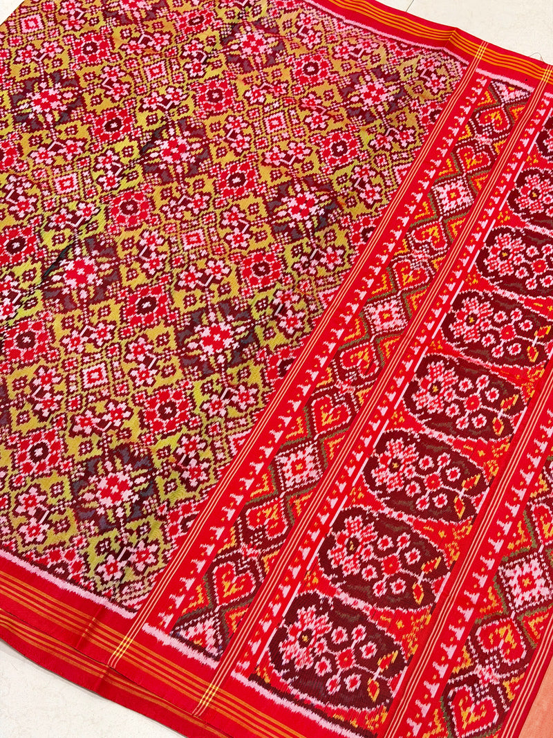 Lime Green Red Manek Chowk Pure Silk Handloom Patola Saree