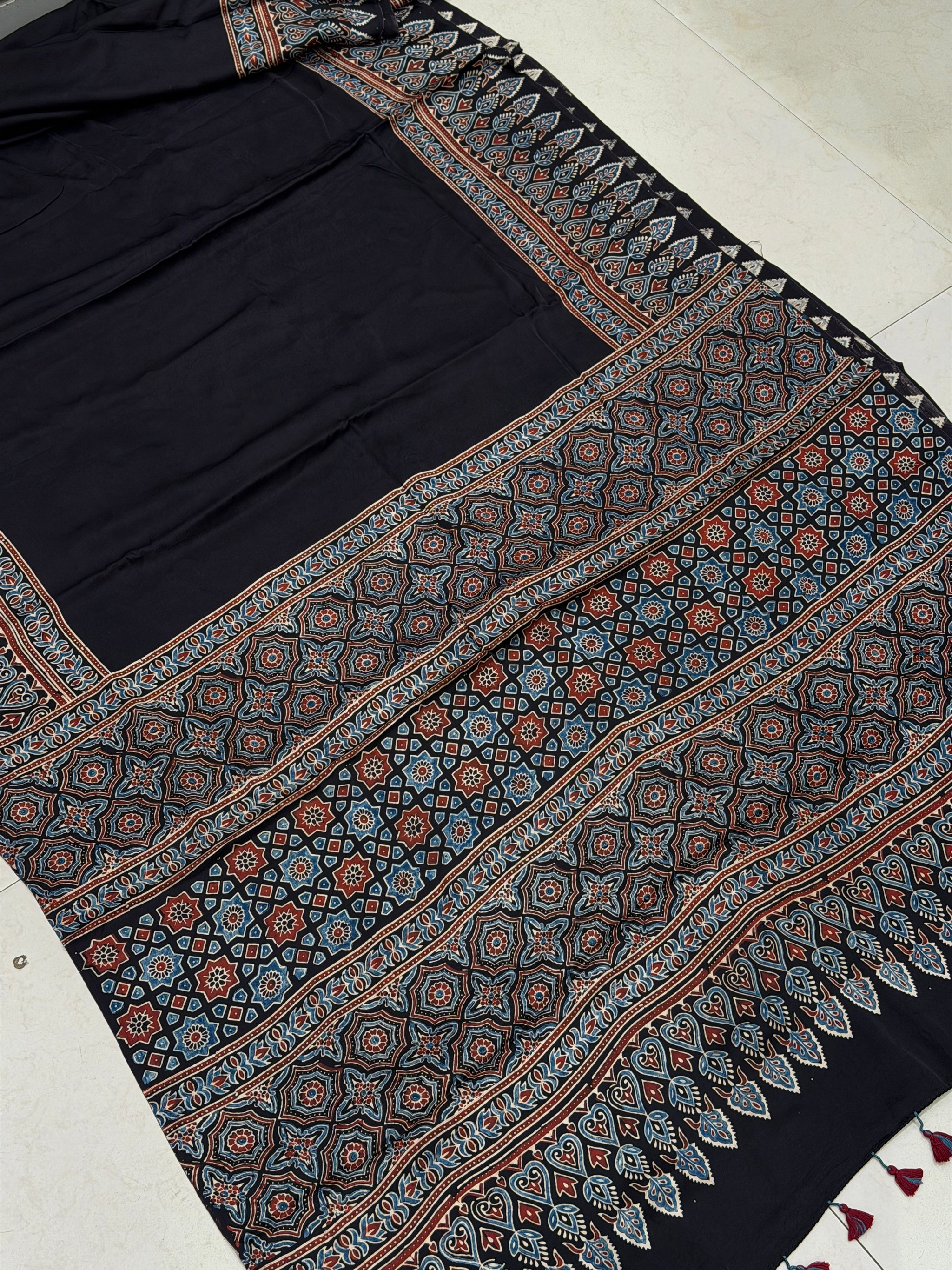 Black Plain Big Border Ajrakh Hand Block Print Pure Modal Silk Saree