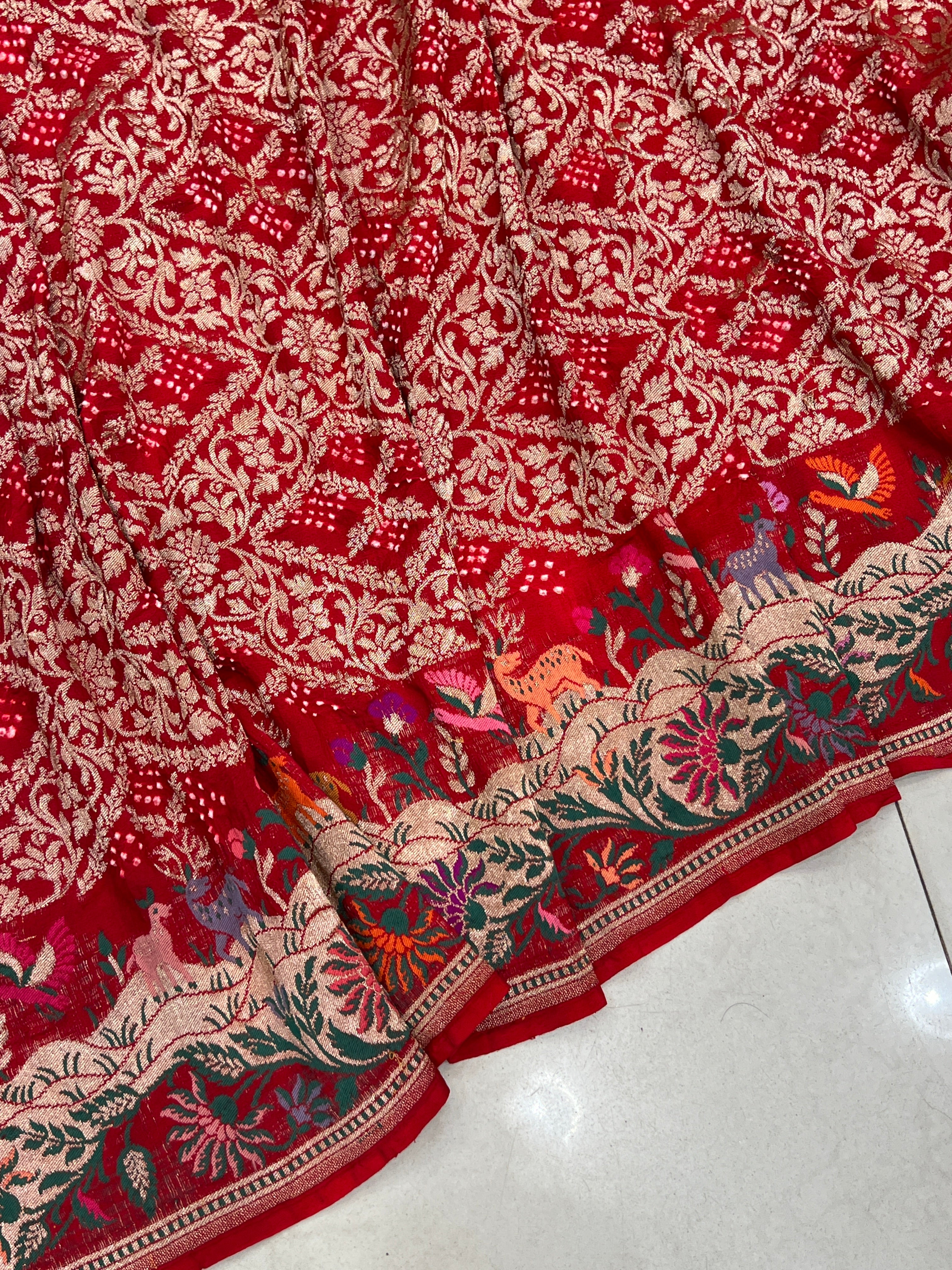 Red Jungle Design Handloom Meenakari Rai Bandhej Pure Zari Dupatta