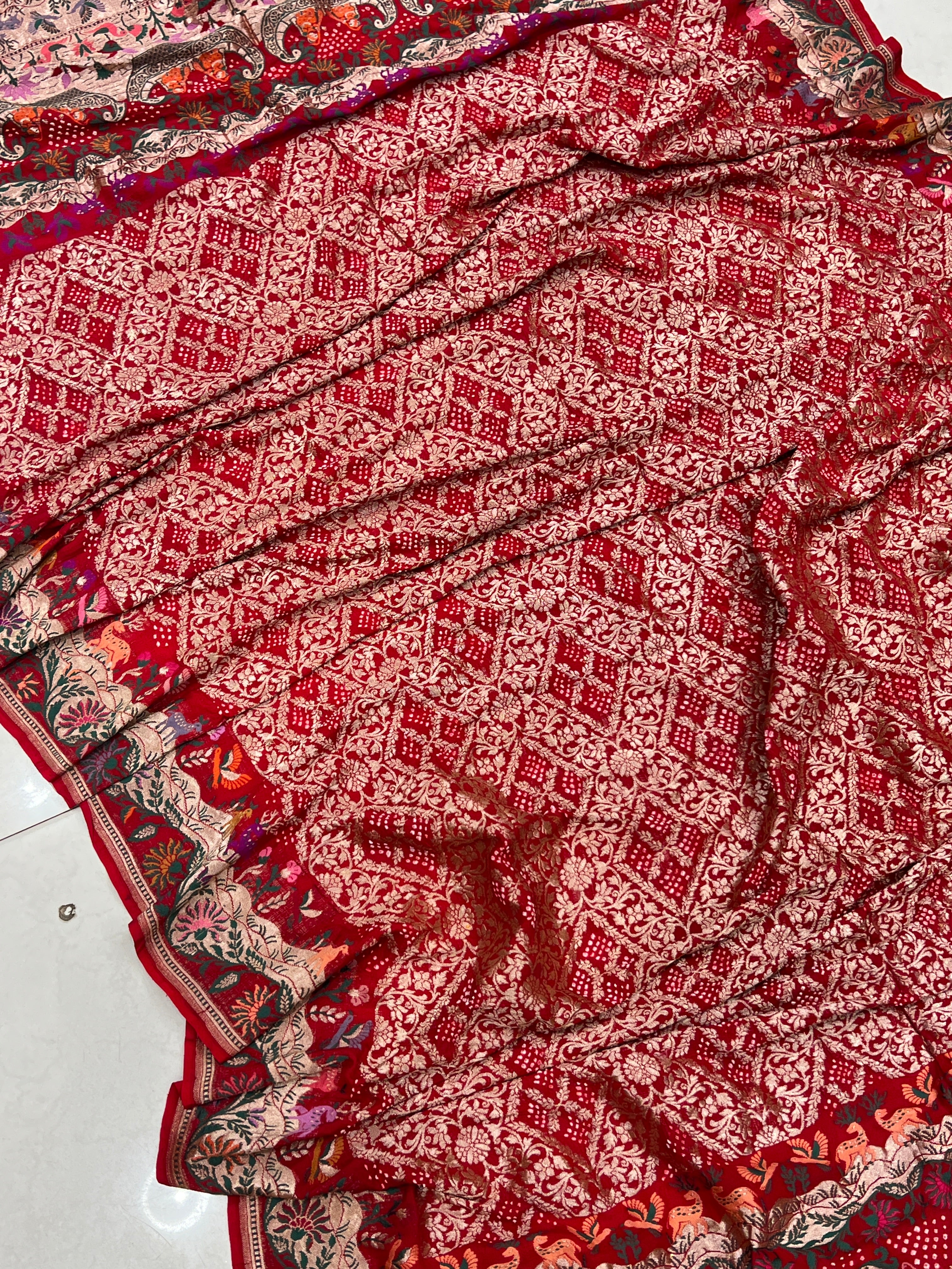 Red Jungle Design Handloom Meenakari Rai Bandhej Pure Zari Dupatta