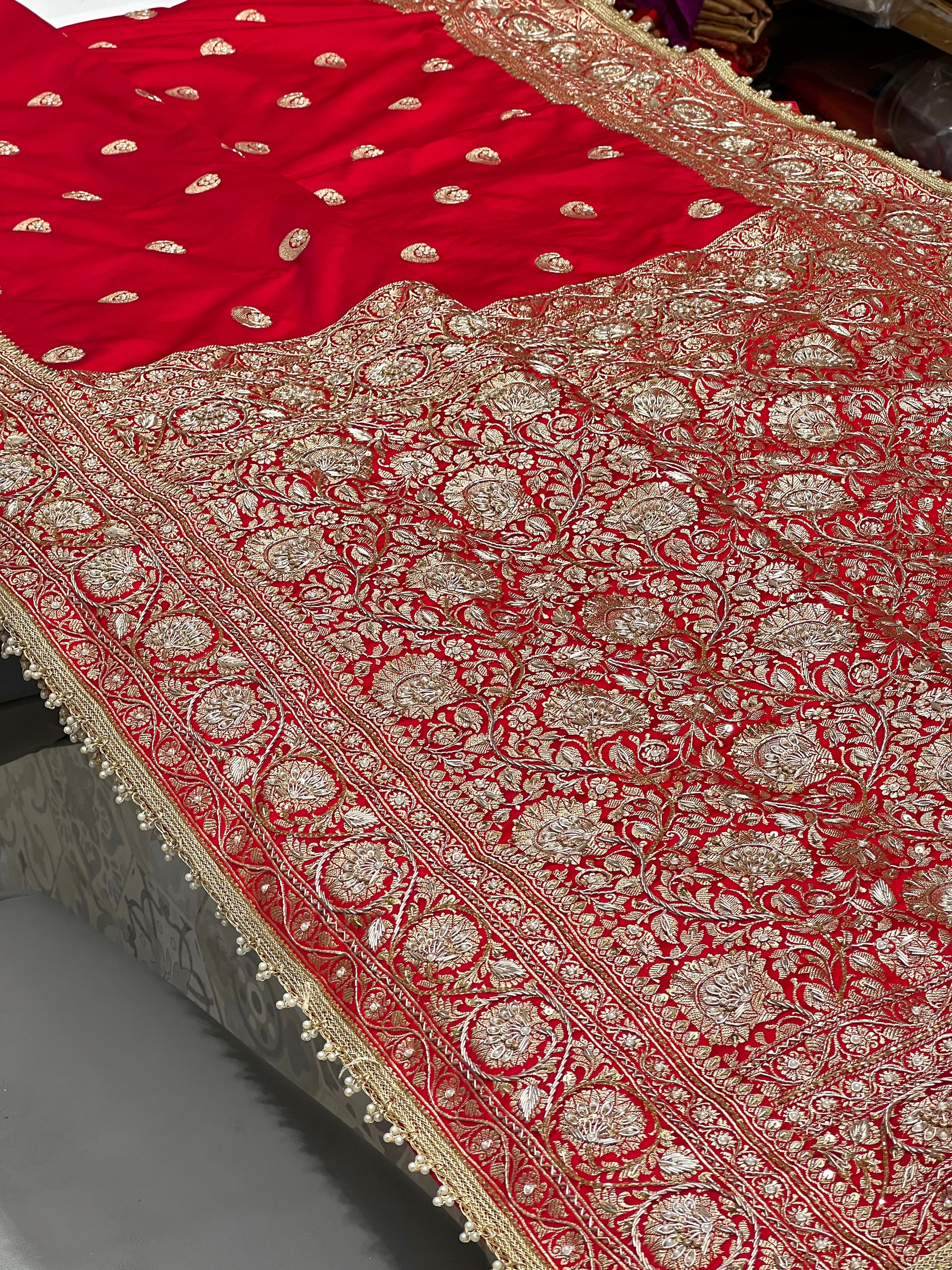 Red Chand Butti Zardozi Hand Embroidery Saree