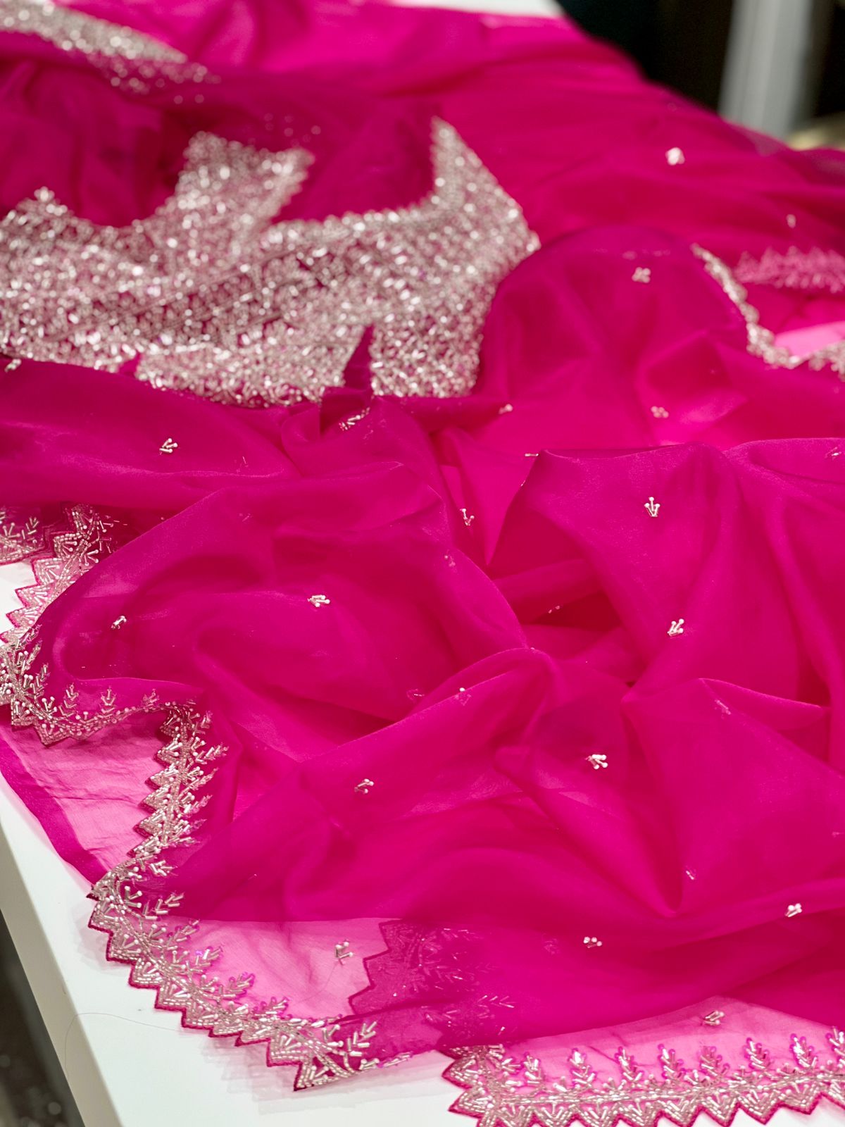 Rani Pink Organza Heavy Blouse Saree Salli Work