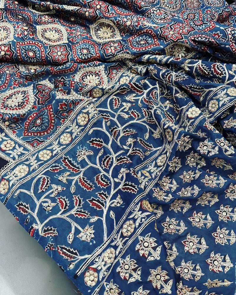 Ajrakh Hand Embroidery Saree – Mahavirs